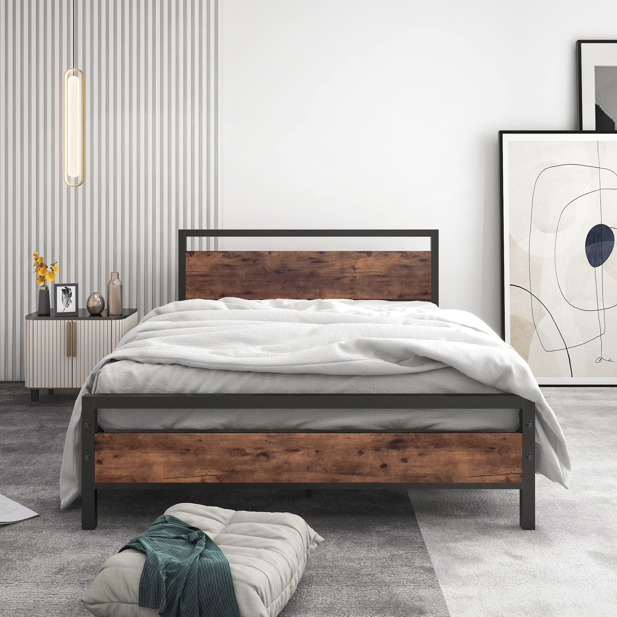 BOFENG Full Size Bed Frame with Wood Headboard,Heavy Duty Platform Bed Frame Full with Storage No Box Spring Needed,Reinforced Steel Slats Support,Mattress Foundation,Rustic Brown