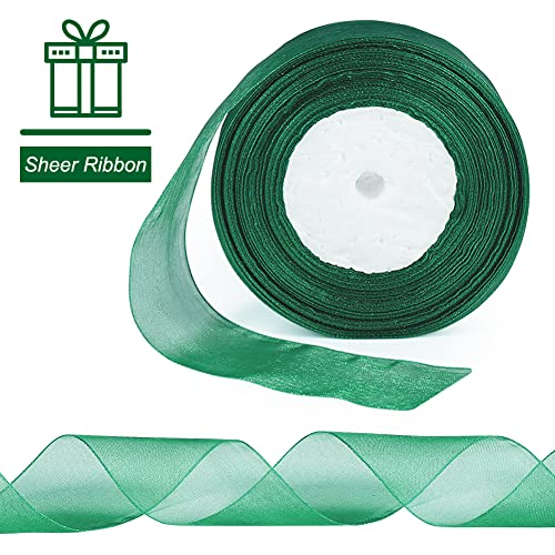 Green Sheer Ribbon, 50 Yards 1-1/2 inch Wide Shimmer Sheer Organza Ribbon for Bow Making, Gift Wrapping, Box Packaging, Crafting, Christmas Decoration and More