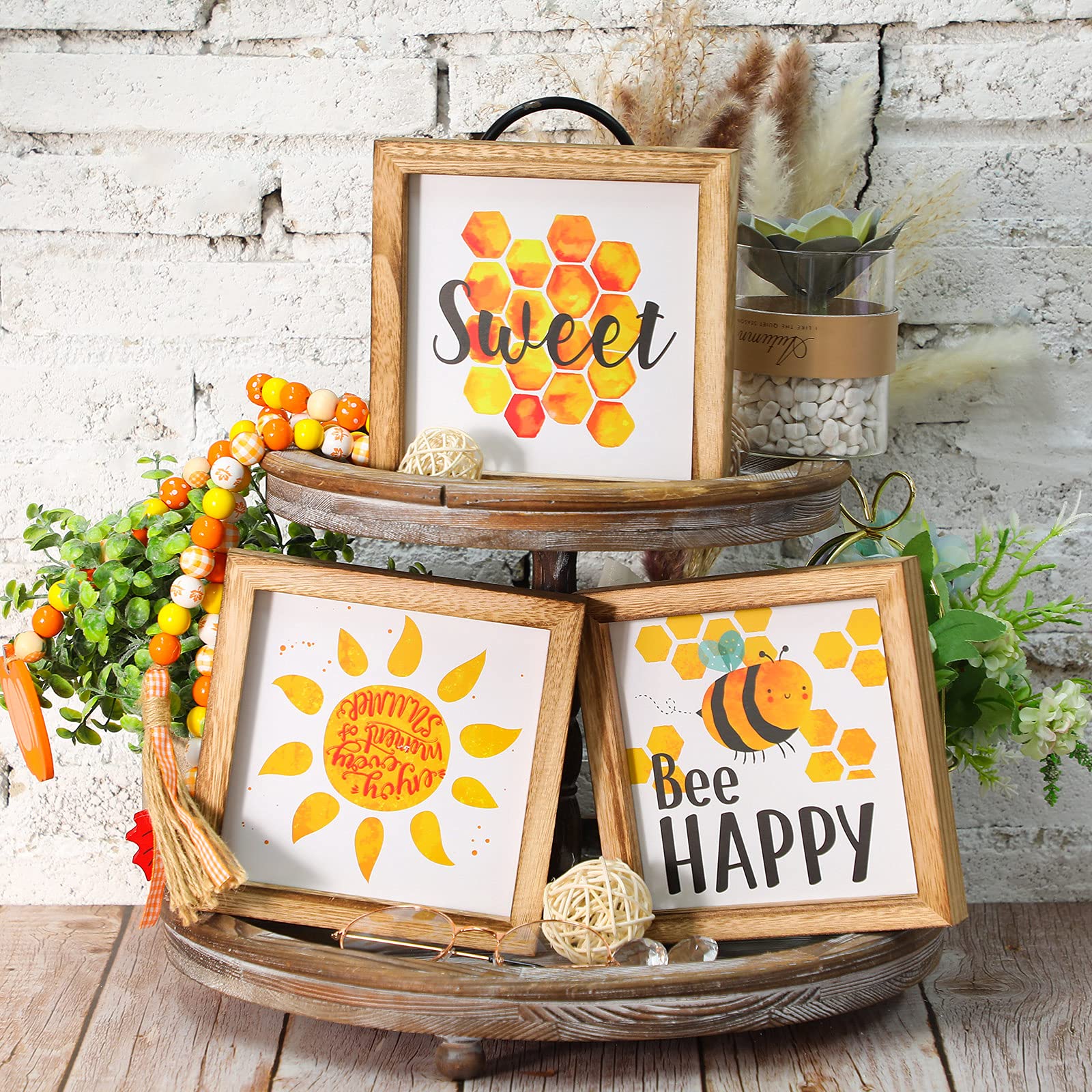 Farmhouse Home Decor Signs 3 Frames with 34 Interchangeable Holiday Seasonal Sayings Tiered Tray 6.7 x 6.7 Inch Fall Wall Decor Frames Sign for Living Room Wall, Table