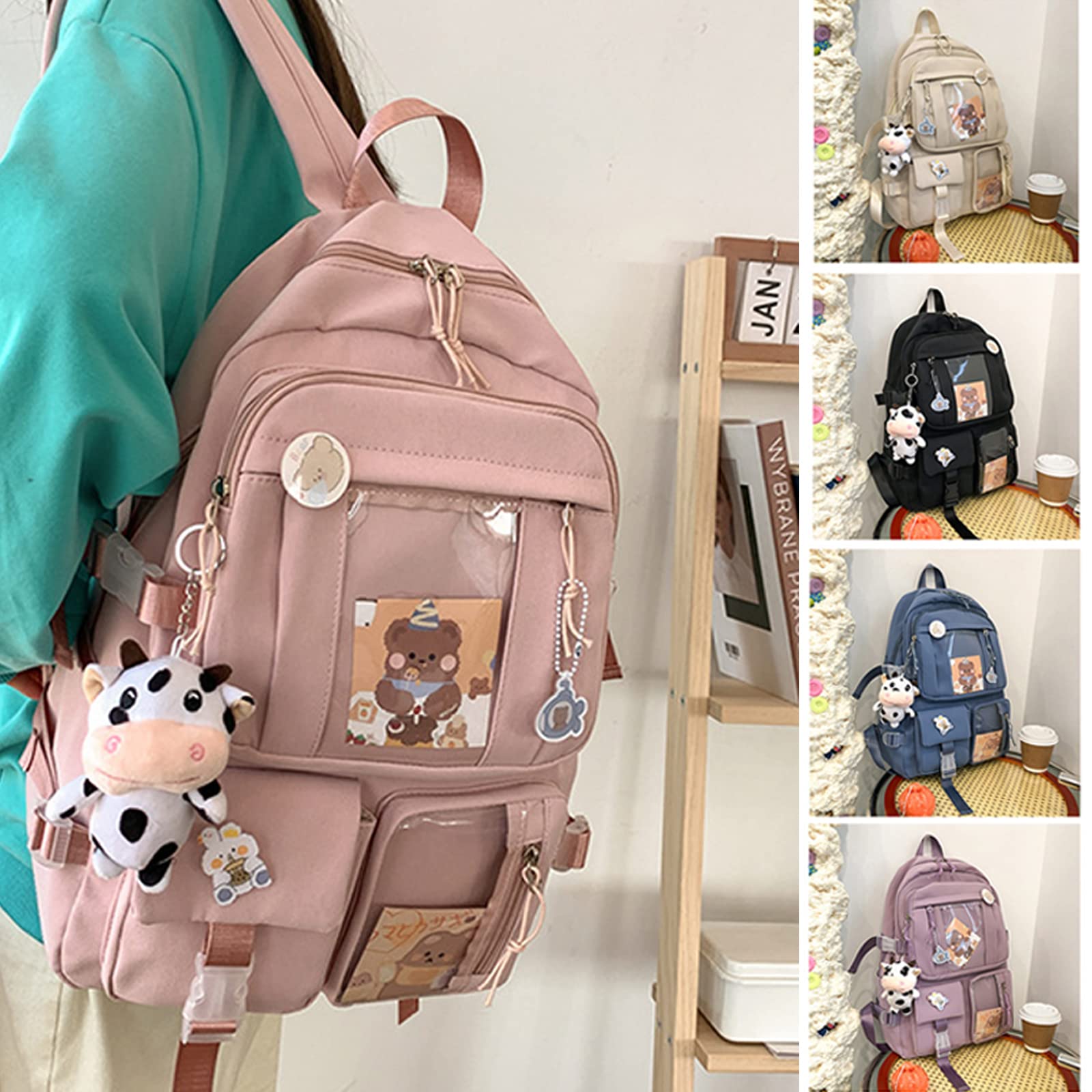 Eagerrich Cute Backpack with Cute Pin Accessories Plush Pendant for School Bag Student Girl Backpack Super-Capacity Waterproof Travel Backpack(Black)
