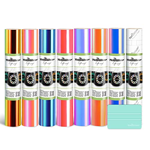TECKWRAP Opal Chrome Holographic Adhesive Vinyl Bundle 12" x 60"/Rolls for DIY Craft, Arts (Opal White,Green Malachite,Peacock Blue,Beige Orange, Hyacinth Blue,Yellow Pink,Hot Pink)