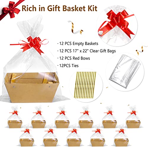 Aoibrloy 12 Pack Baskets for Gifts Empty, Sturdy Empty Gift Baskets to Fill, Kraft Gift Basket Kit with Handles for Holiday, Wedding, Birthday, Gift Packages