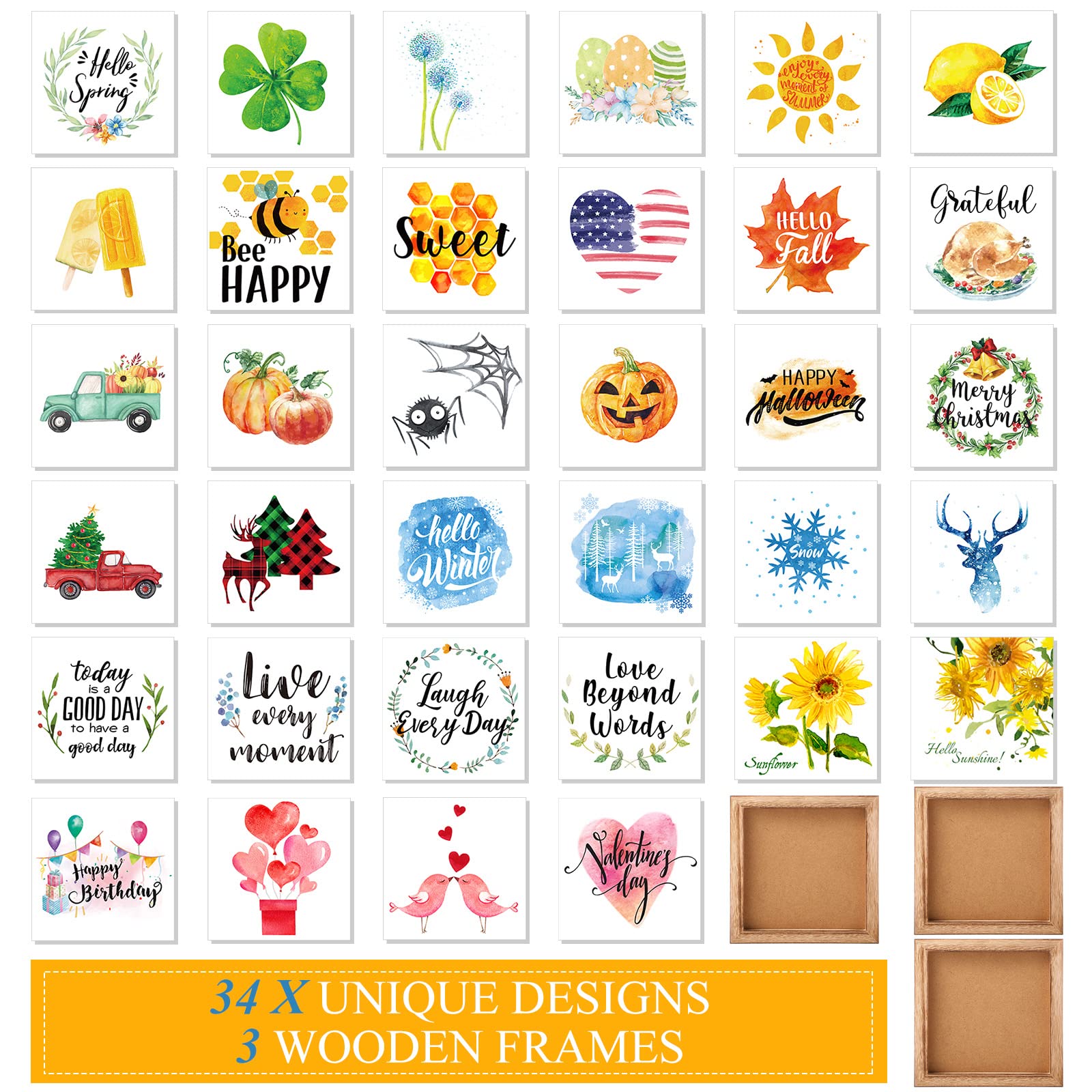 Farmhouse Home Decor Signs 3 Frames with 34 Interchangeable Holiday Seasonal Sayings Tiered Tray 6.7 x 6.7 Inch Fall Wall Decor Frames Sign for Living Room Wall, Table