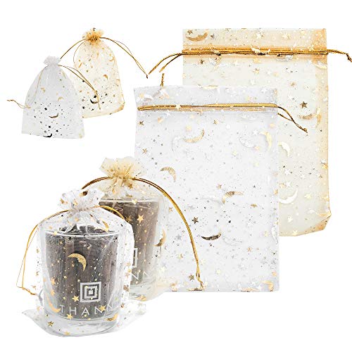souG Organza Gifts Bags, 5x7 100Pcs Sheer Organza Drawstring Pouches Stars and Moon Wedding Party Favor Jewelry Candy Gift Bags (White and Gold).