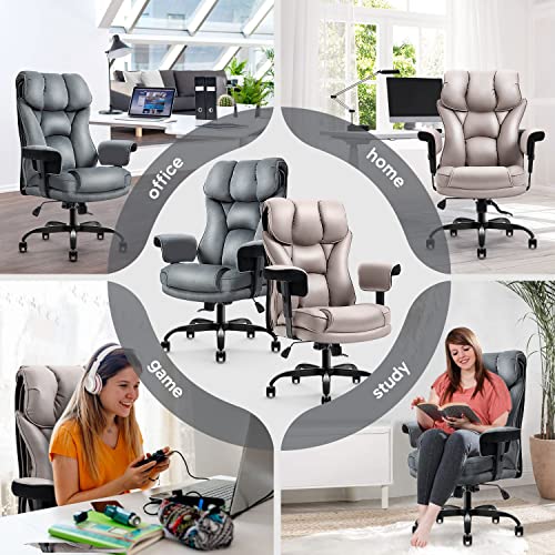 YAMASORO Big and Tall Office Chair 400lbs, Leathaire Cushy Seat and Adjustable Armrests Heavy Duty Executive Desk Chair with Wheels, Beige