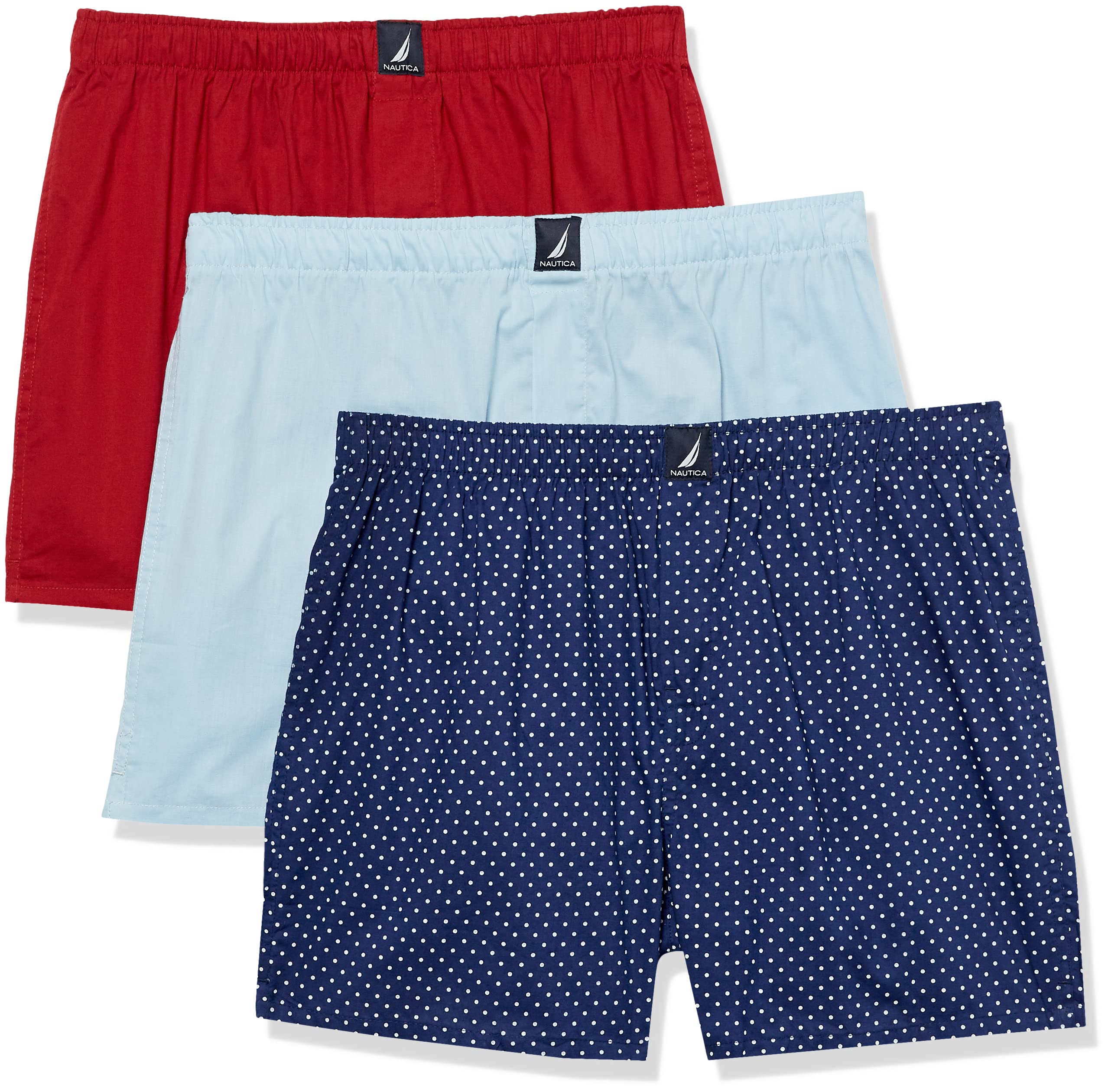 Nautica Men's Cotton Woven 3 Pack Boxer, Noon Blue Red/Polka Dot Print, Large