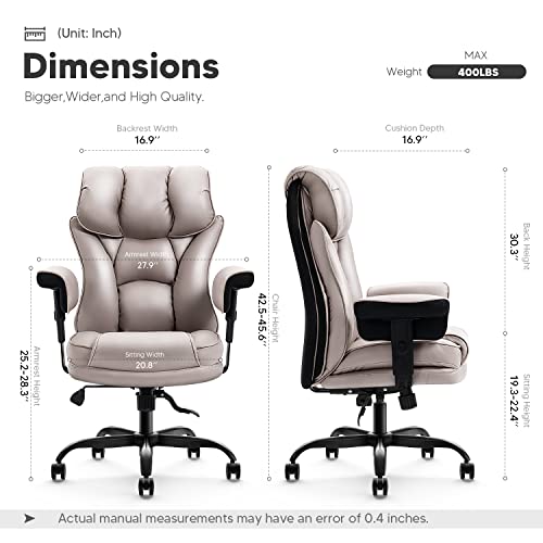 YAMASORO Big and Tall Office Chair 400lbs, Leathaire Cushy Seat and Adjustable Armrests Heavy Duty Executive Desk Chair with Wheels, Beige