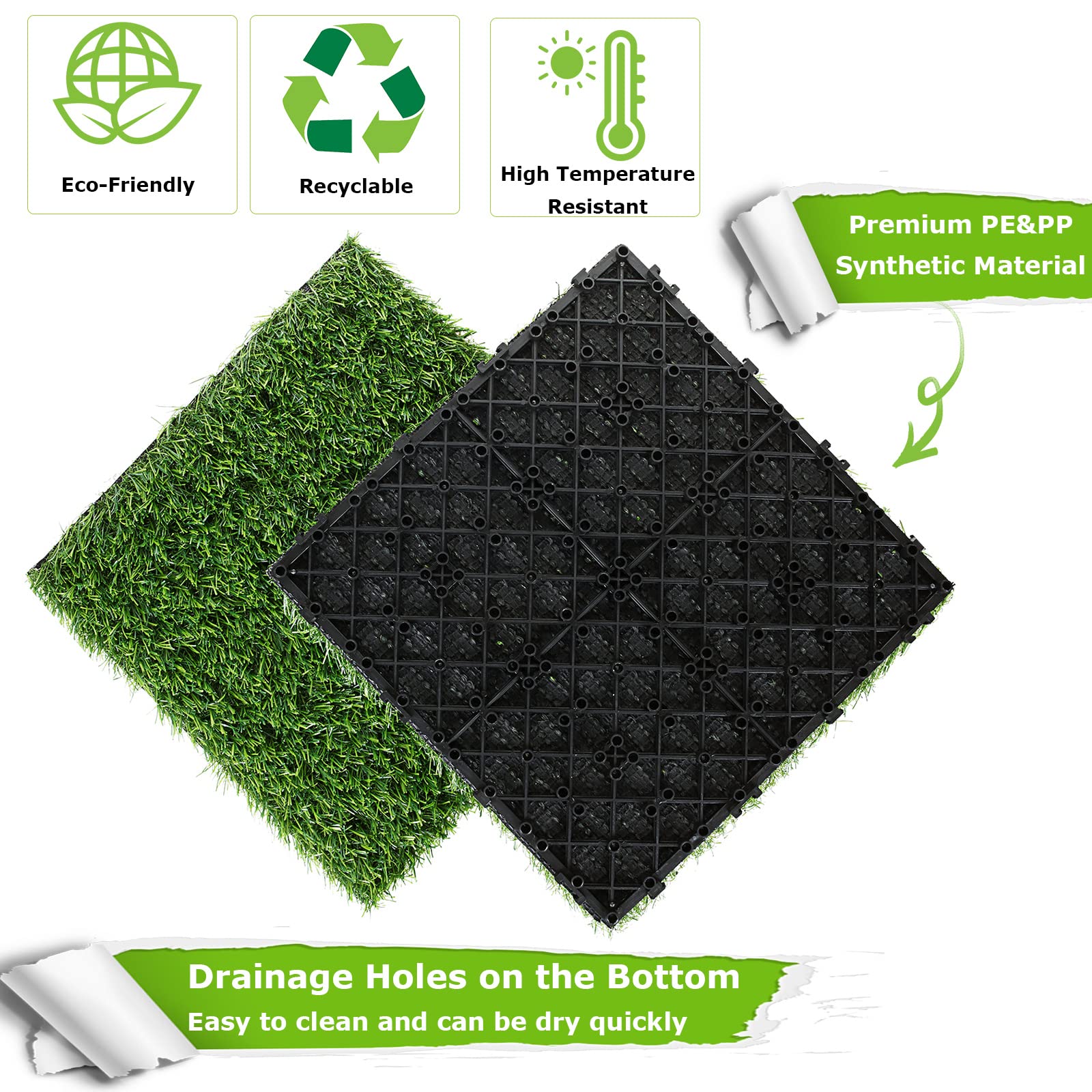 FVIEXE 9PCS Artificial Grass Turf Tile, 12 x 12 Inch Interlocking Deck Tiles Turf Squares Fake Grass Mat for Pet, Dogs, Patio, Balcony Apartment Indoor Outdoor Flooring Decor Grass Turf Rug