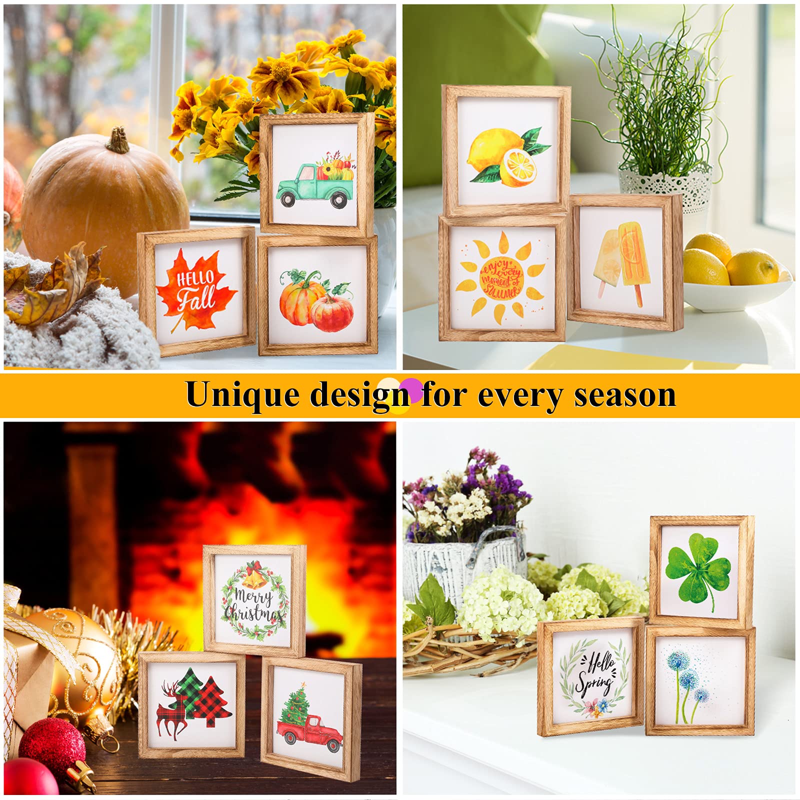Farmhouse Home Decor Signs 3 Frames with 34 Interchangeable Holiday Seasonal Sayings Tiered Tray 6.7 x 6.7 Inch Fall Wall Decor Frames Sign for Living Room Wall, Table