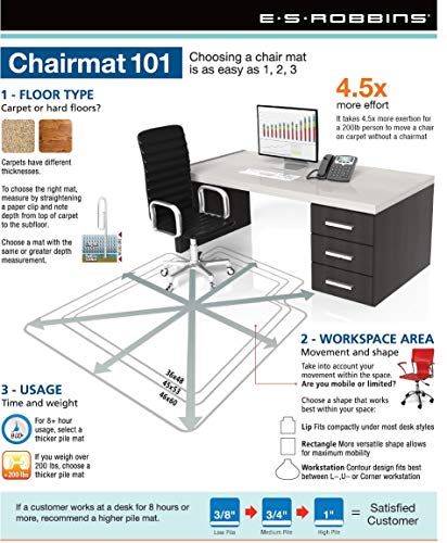 ES Robbins EverLife Anchor Bar Lipped Vinyl Chair Mat for High Pile Carpet, 45 by 53-Inch, Clear