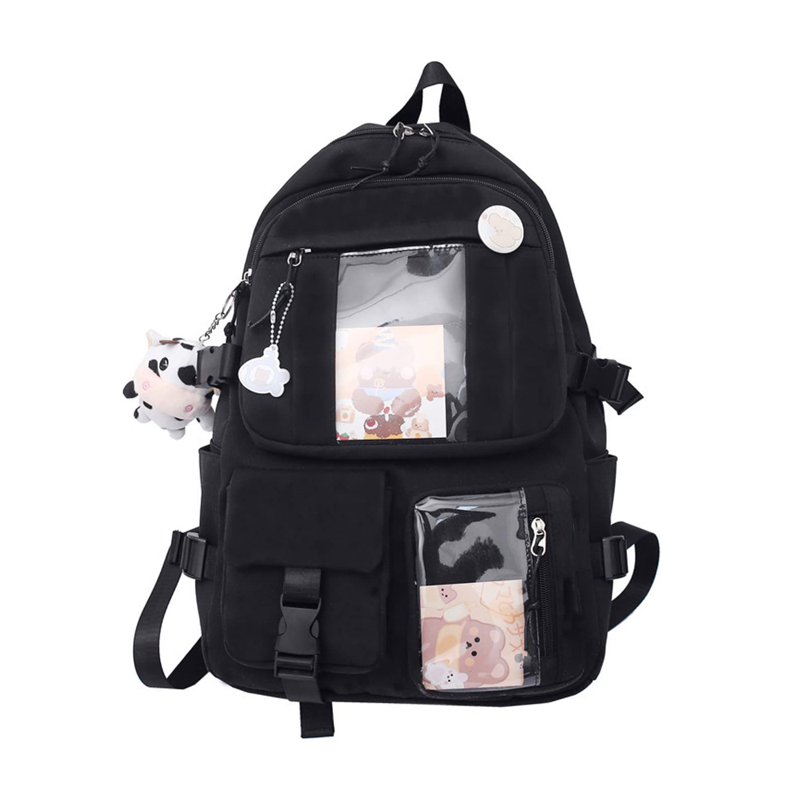 Eagerrich Cute Backpack with Cute Pin Accessories Plush Pendant for School Bag Student Girl Backpack Super-Capacity Waterproof Travel Backpack(Black)