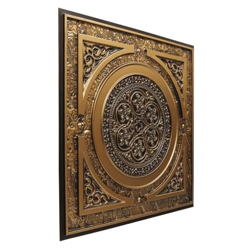 From Plain To Beautiful In Hours 225 Steampunk PVC 2' x 2' Lay-in or Glue-up Ceiling Tile, Pack of 10, Antique Gold, 10 Piece