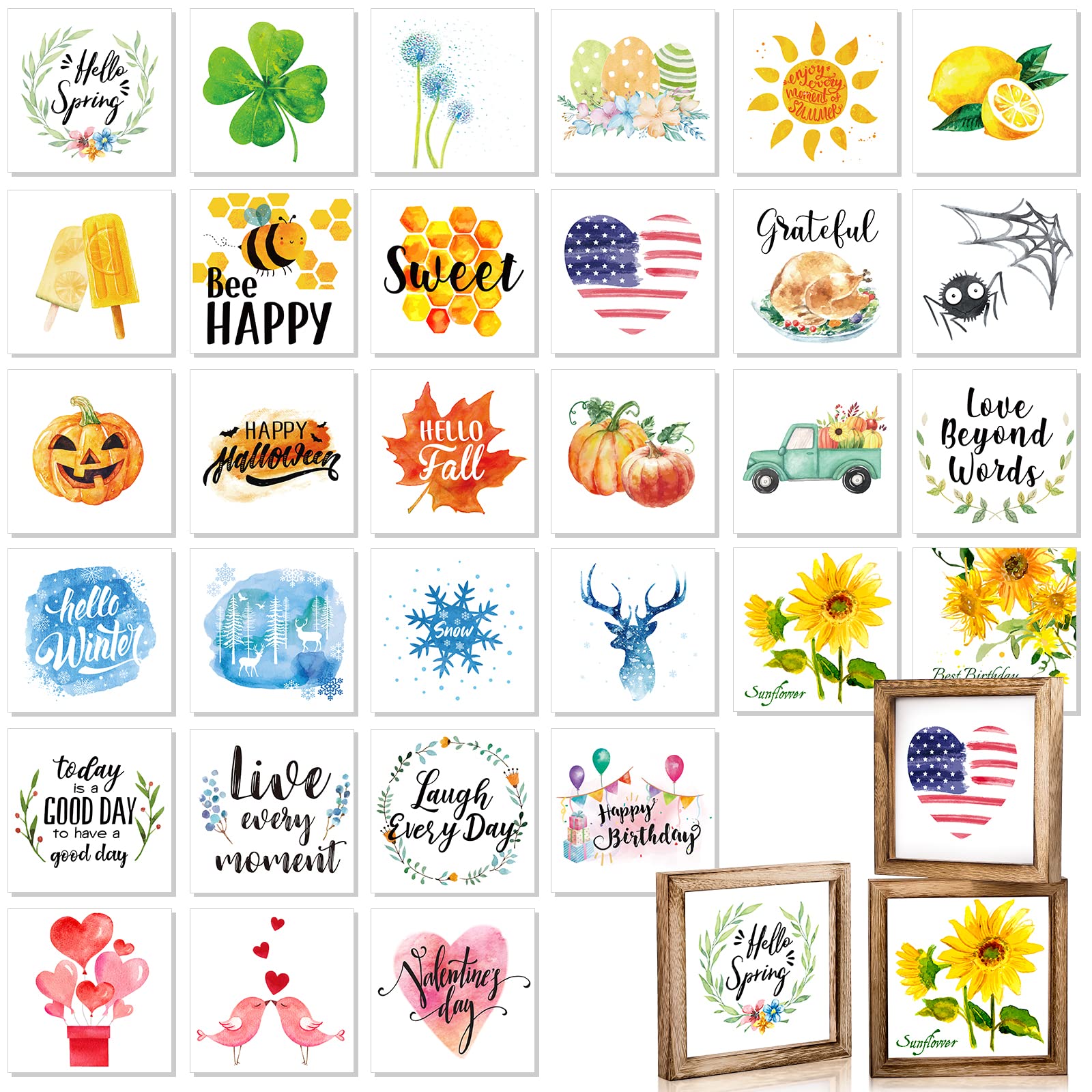 Farmhouse Home Decor Signs 3 Frames with 34 Interchangeable Holiday Seasonal Sayings Tiered Tray 6.7 x 6.7 Inch Fall Wall Decor Frames Sign for Living Room Wall, Table