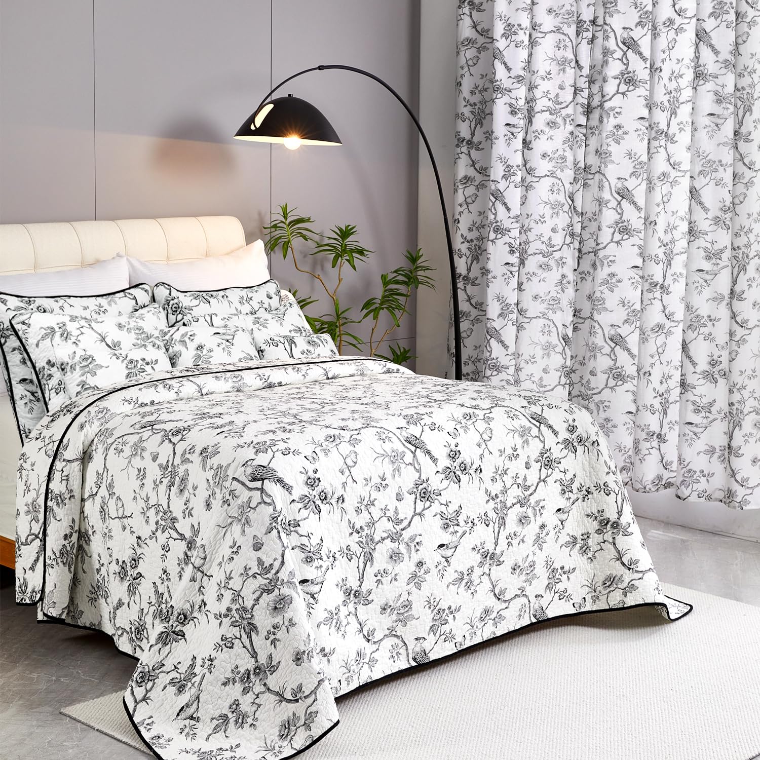 EVENHUG 100% Cotton Quilt Queen Size Black Bird Bedding Set Double Printing Lightweight Quilt Reversible Coverlet Bedspread with Pillow Shams All Seasons 3 Pieces (92"x96")