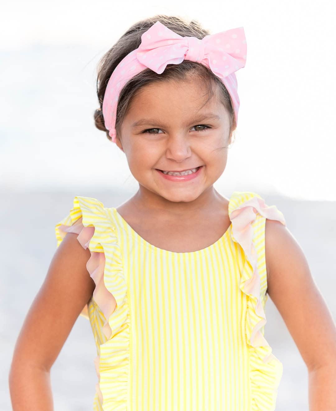 RuffleButts® Girls Pink Polka Dot Swim Bow Headband - One Size