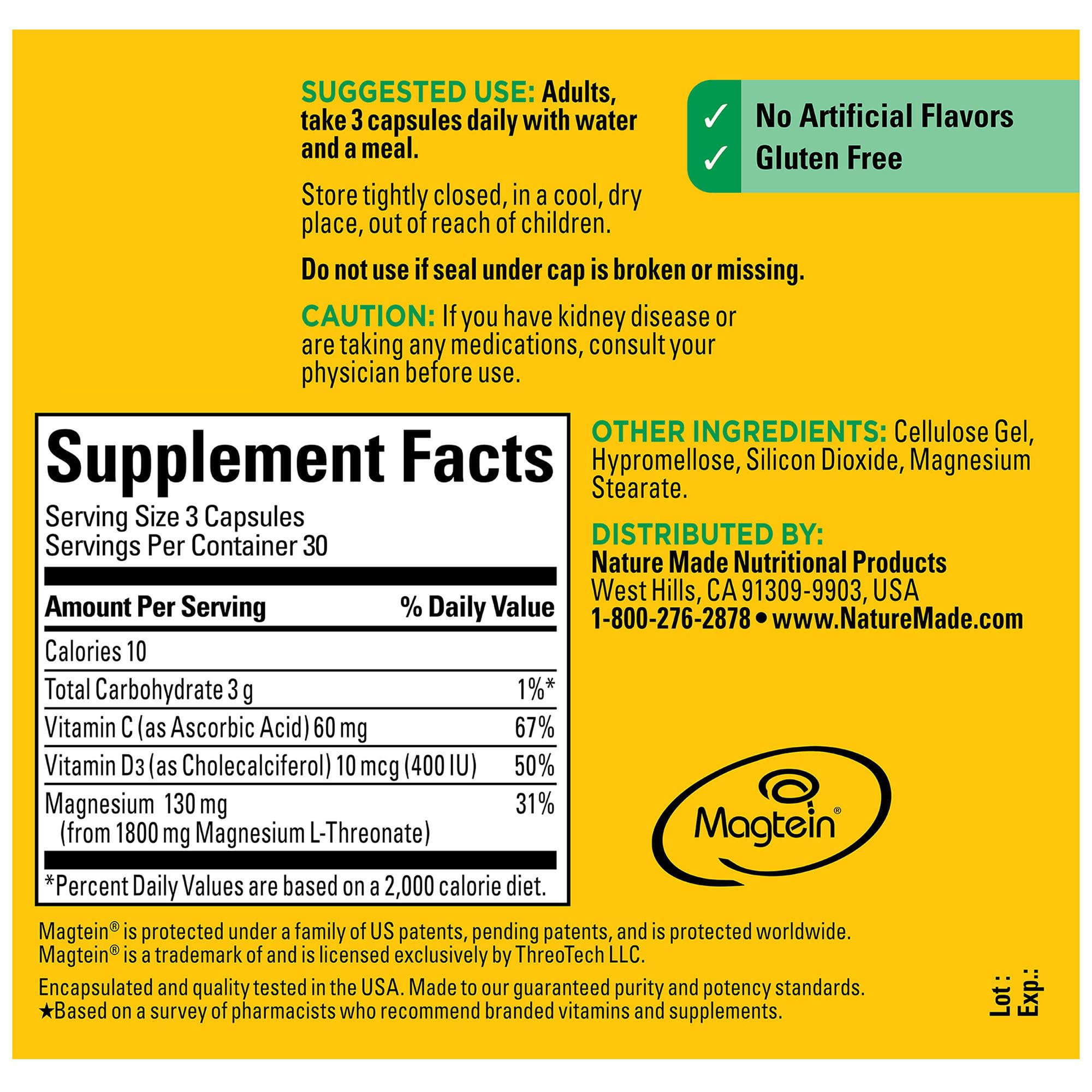Nature Made Magnesium L-Threonate with Vitamin C & Vitamin D3, Provides 130 mg of Magnesium from 1800 mg Magnesium L Threonate, Cognitive Support Magnesium Supplement, 90 Capsules, 30 Day Supply