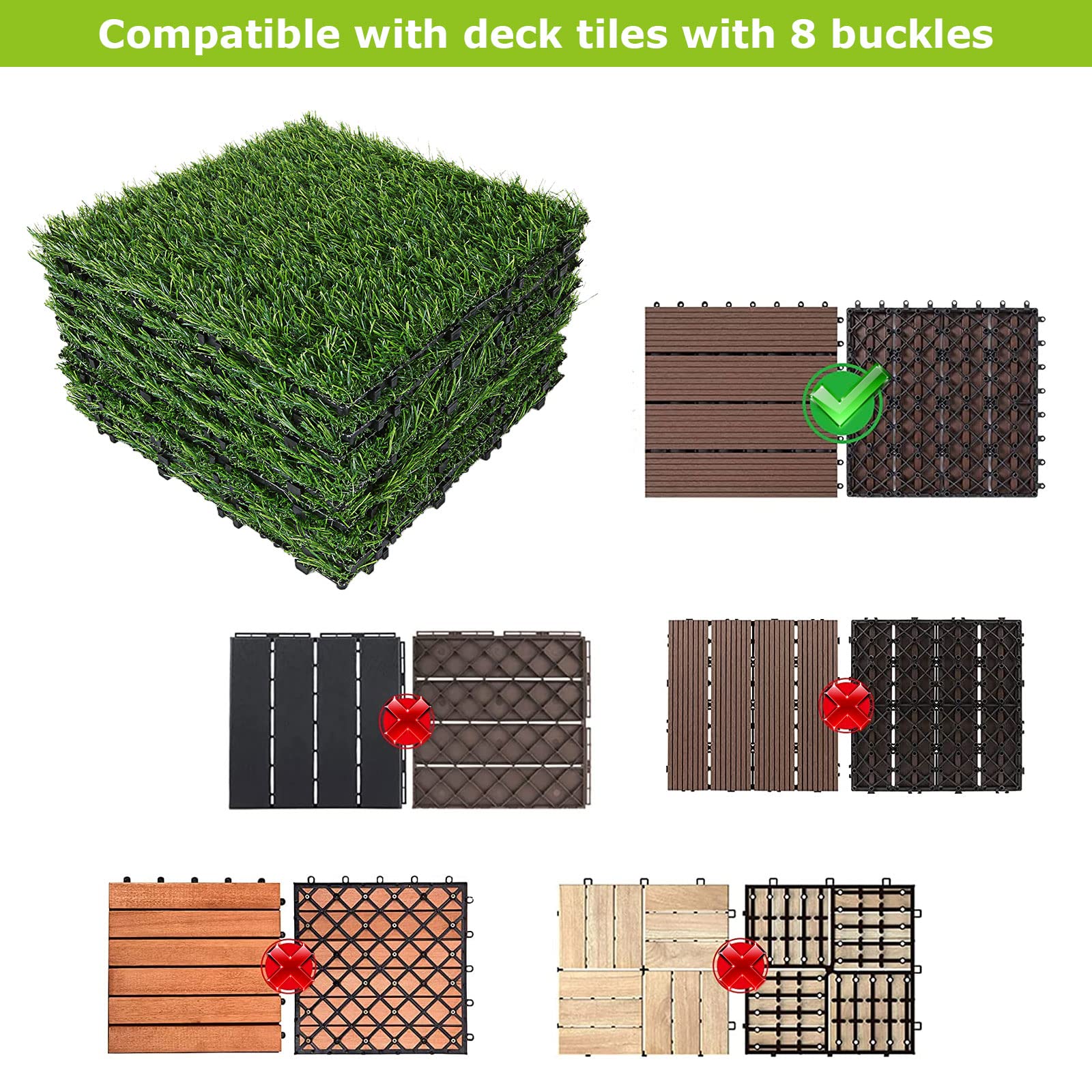 FVIEXE 9PCS Artificial Grass Turf Tile, 12 x 12 Inch Interlocking Deck Tiles Turf Squares Fake Grass Mat for Pet, Dogs, Patio, Balcony Apartment Indoor Outdoor Flooring Decor Grass Turf Rug