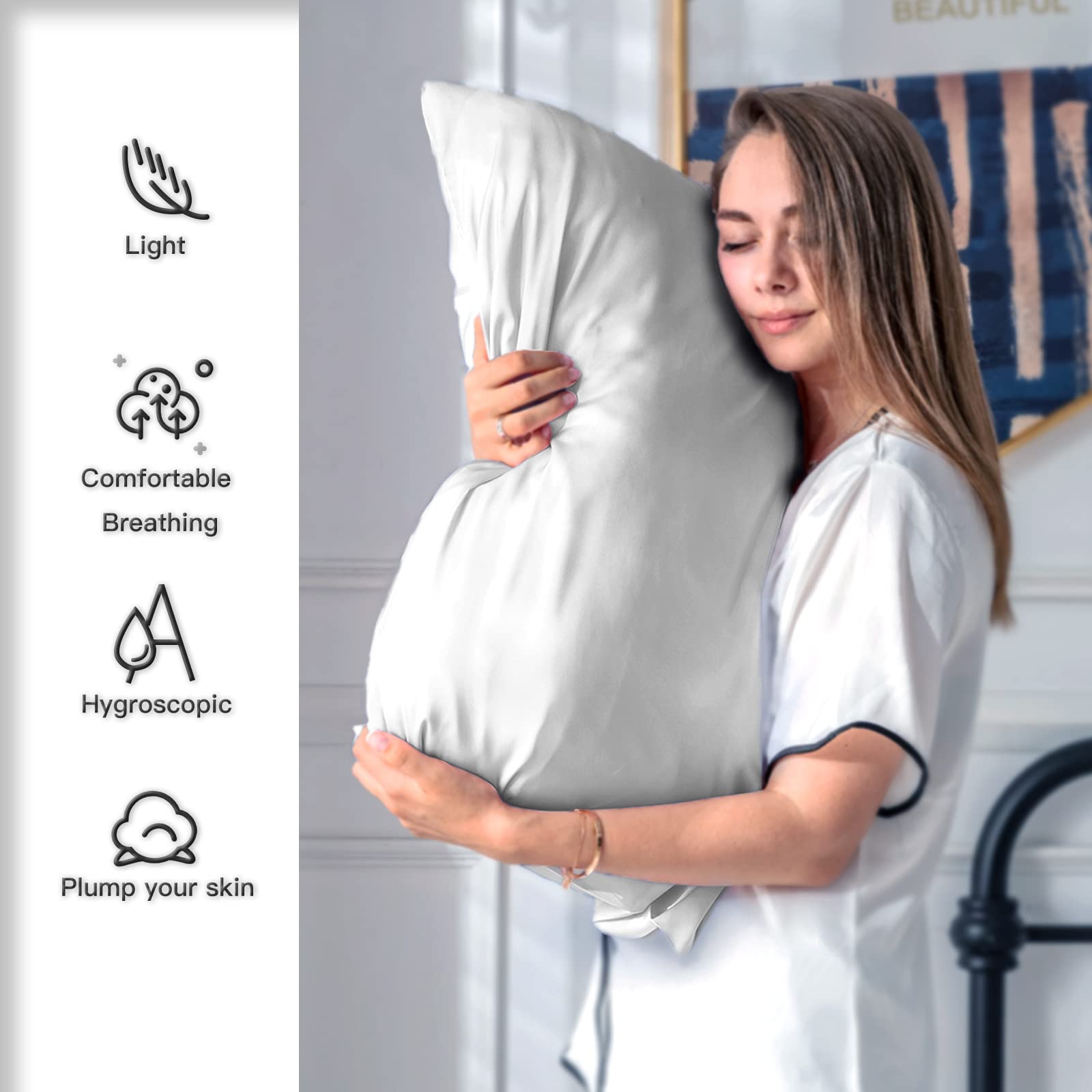Natural Mulberry Silk Pillowcase for Hair and Skin Standard Size 20"X 26" with Hidden Zipper Soft Breathable Smooth Cooling Silk Pillow Covers(Silver Grey,Standard,1Pcs)