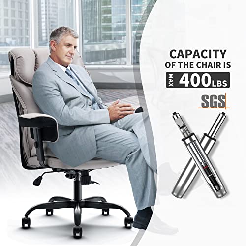 YAMASORO Big and Tall Office Chair 400lbs, Leathaire Cushy Seat and Adjustable Armrests Heavy Duty Executive Desk Chair with Wheels, Beige