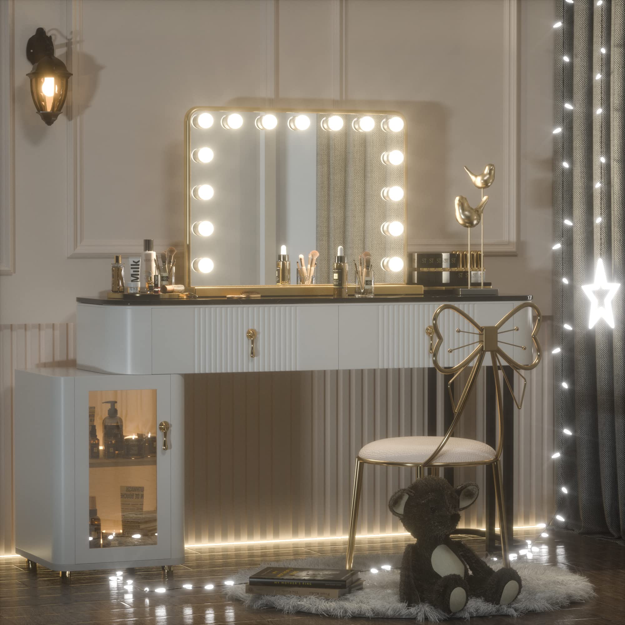 Keonjinn Gold Vanity Mirror with Lights, 15 Replaceable Bulbs Hollywood Makeup Mirror with 2 Replacement Bulbs, 3 Color Lights, Aluminum Metal Frame, USB Charging Port, 23" x 18" Large Lighted Mirror