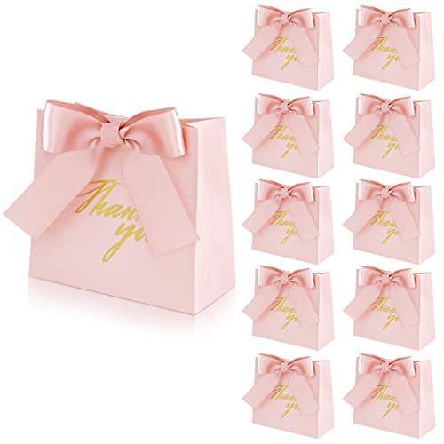 SHAIDOJIO 24Pcs Small Thank You Gift Bags, Party Favor Bag Treat Box with Bow Ribbon, Pink Pattern Mini Paper Gift Bags Bulk for Wedding, Birthday, Bridal Shower, Baby Shower (4.5x1.8x4 Inch)