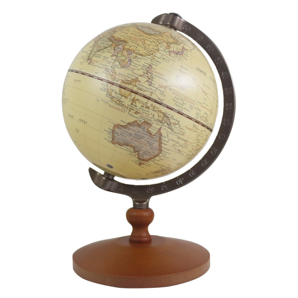 5 Inch Tiny Brown Vintage World Globe - Antique Decorative Desktop Rotating Earth Geography With Wooden Base - Educational Side Table