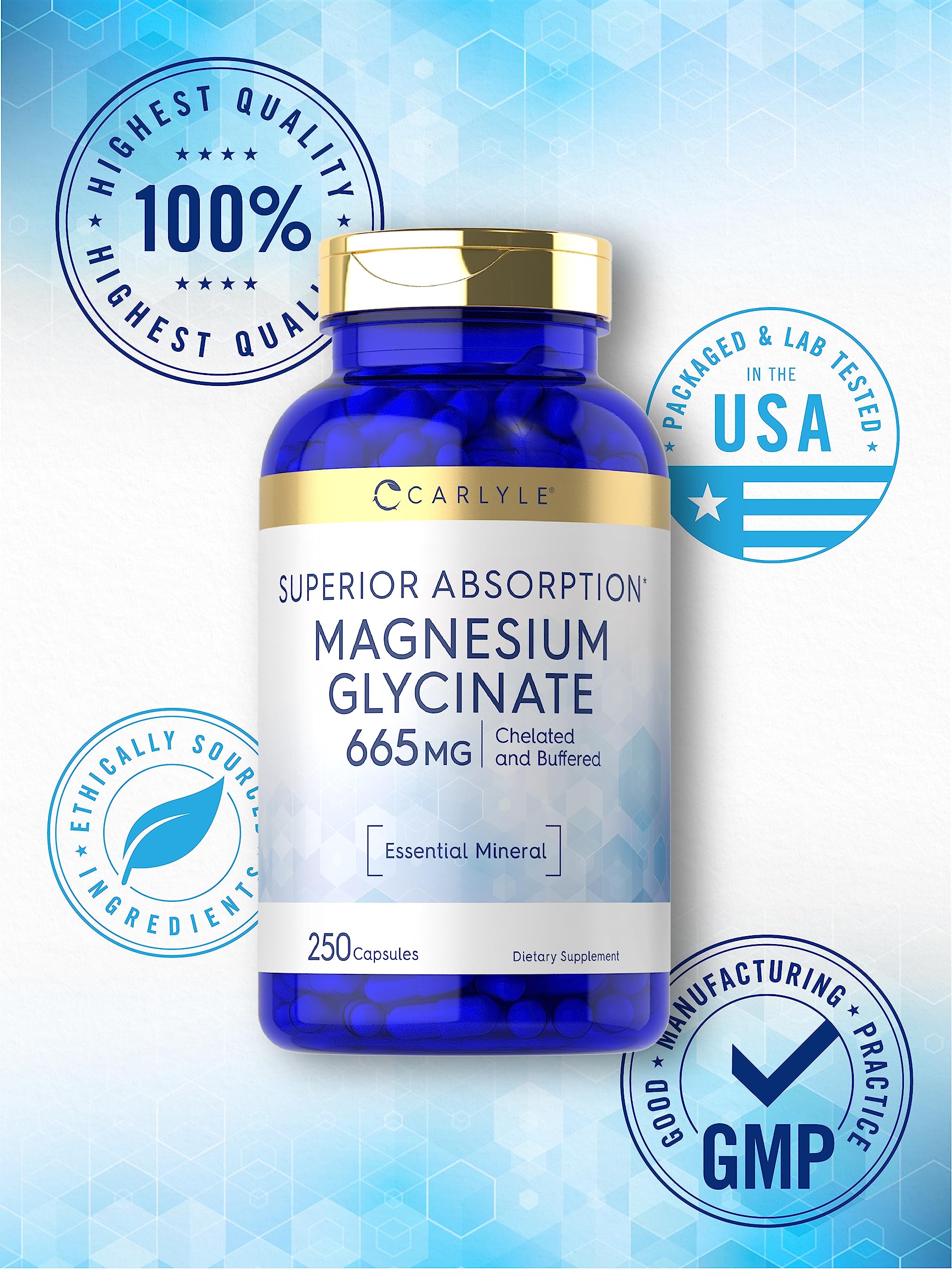 Carlyle Magnesium Glycinate | 665 mg | 250 Capsules | Non-GMO and Gluten Free Formula | Essential Buffered Mineral Supplement