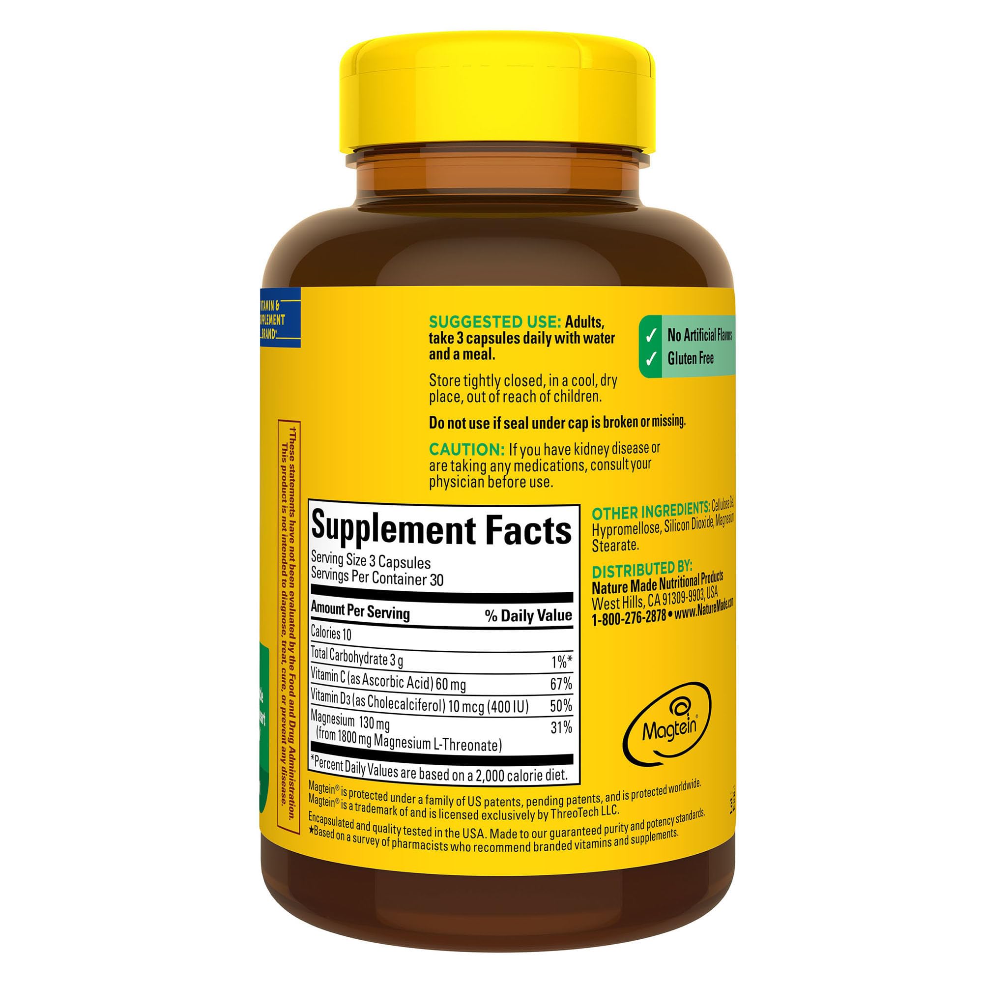 Nature Made Magnesium L-Threonate with Vitamin C & Vitamin D3, Provides 130 mg of Magnesium from 1800 mg Magnesium L Threonate, Cognitive Support Magnesium Supplement, 90 Capsules, 30 Day Supply
