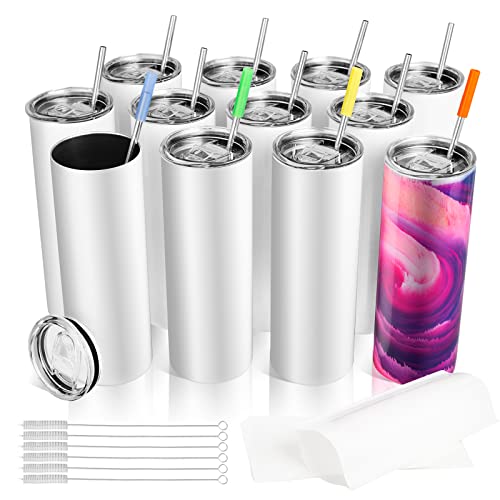 12PCS 20 OZ Sublimation Tumblers Blank Skinny Straight Stainless Steel Double Wall Insulated with Lid, Straws, and Shrink Wrap Polymer Coating for Heat Transfer