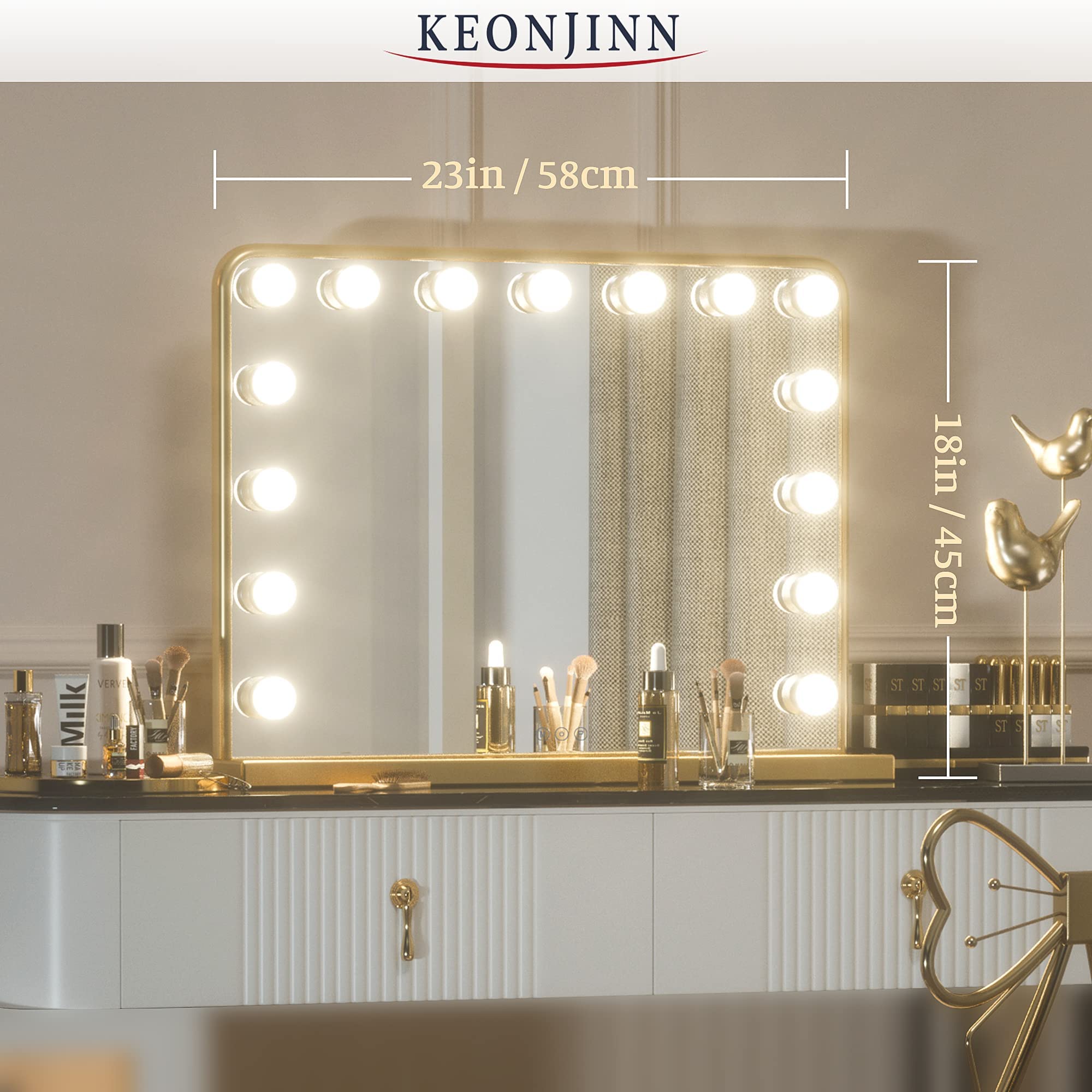 Keonjinn Gold Vanity Mirror with Lights, 15 Replaceable Bulbs Hollywood Makeup Mirror with 2 Replacement Bulbs, 3 Color Lights, Aluminum Metal Frame, USB Charging Port, 23" x 18" Large Lighted Mirror