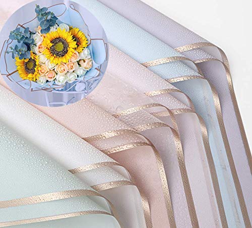 Leoyoubei 21 Sheets 7 Colors Flower Wrapping Paper,Florist Bouquet Supplies,DIY Crafts,Gift Packaging or Gift Box Packaging, Wraps Waterproof Floral Wrapping Paper 23 x 23 Inch (Gold Edge-Multicolor)