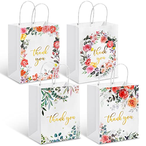 Nezyo 24 Pcs Floral Design Small Thank You Bags with Gold Foiled Printed Thank You Party Bags with Handles White Kraft Paper Bags Party Favor Bags for Wedding Birthday Baby Shower, 8.27x5.91x3.1''