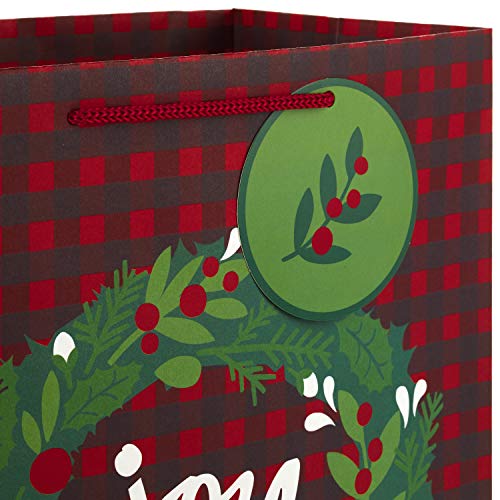 Hallmark Christmas Gift Bag Assortment, Traditional (Pack of 8; 3 Small 6", 3 Medium 9", 2 Large 13") Snowmen, Red Plaid, Kraft Stripes, "Joy" Wreath