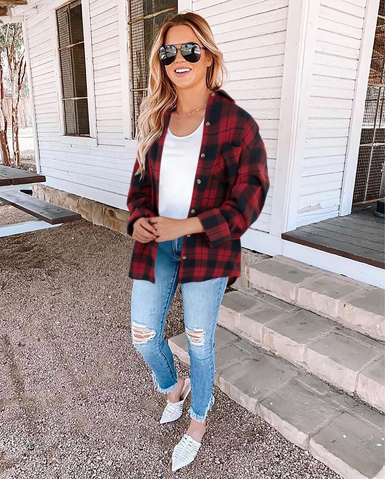 Wenrine Womens Long Sleeve Button Down Shirt Casual Plaid Flannel Shirt Collared Blouse Tops
