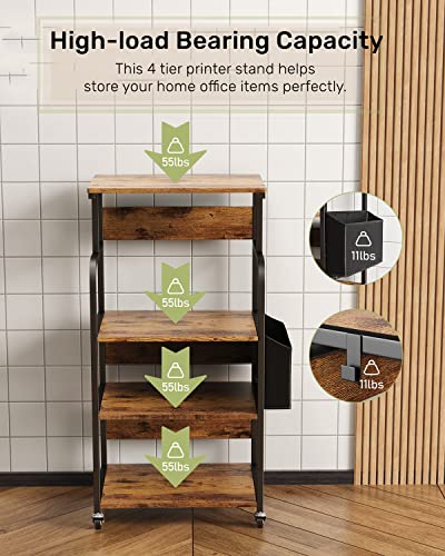 Gizoon Home Office Printer Stand with Storage, 4 Tier Large Tall Printer Shelf Cart W/ Lockabel Rolling Wheels, Versatile - Retro