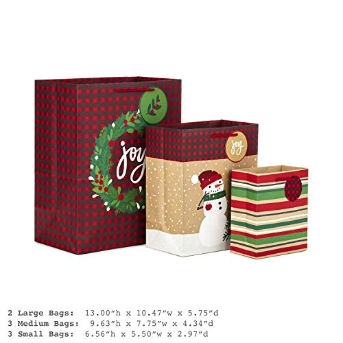 Hallmark Christmas Gift Bag Assortment, Traditional (Pack of 8; 3 Small 6", 3 Medium 9", 2 Large 13") Snowmen, Red Plaid, Kraft Stripes, "Joy" Wreath