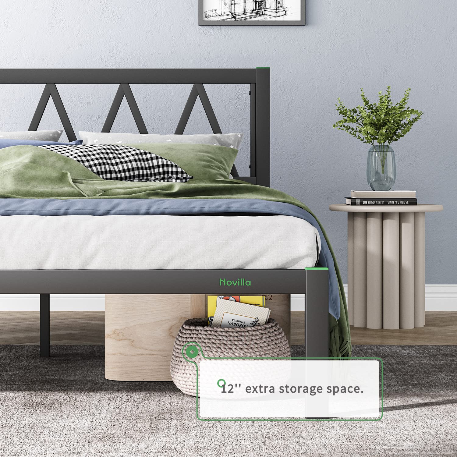 Novilla 14 Inch Queen Bed Frame with Headboard, Platform Bed Frame No Box Spring Needed, Metal Queen Size Bed Frame with Storage Space, Wooden Slats Support, Easy Assembly, Black