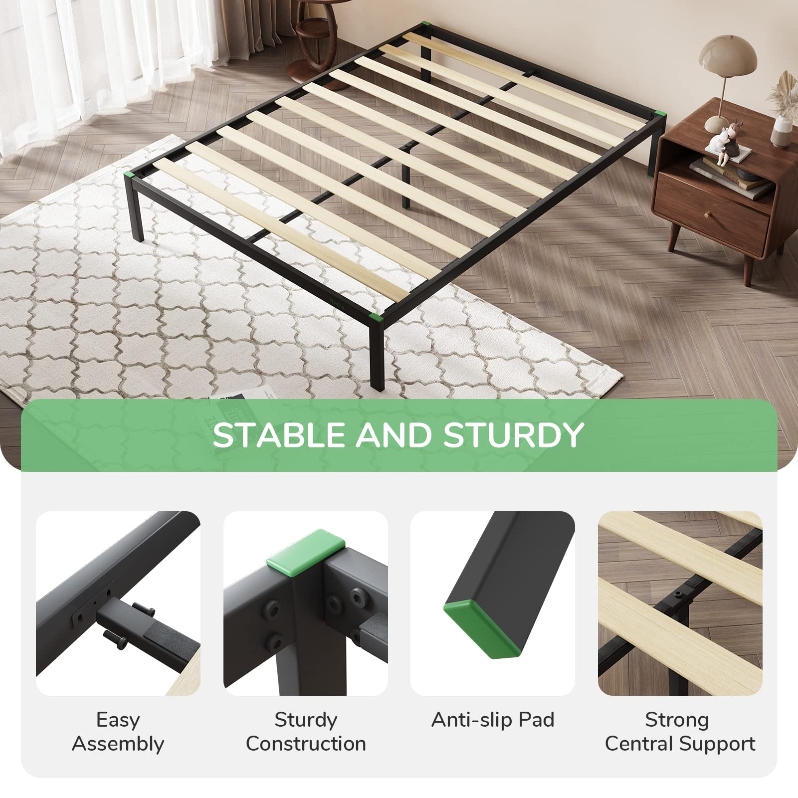 Novilla 14 Inch Queen Bed Frame with Headboard, Platform Bed Frame No Box Spring Needed, Metal Queen Size Bed Frame with Storage Space, Wooden Slats Support, Easy Assembly, Black