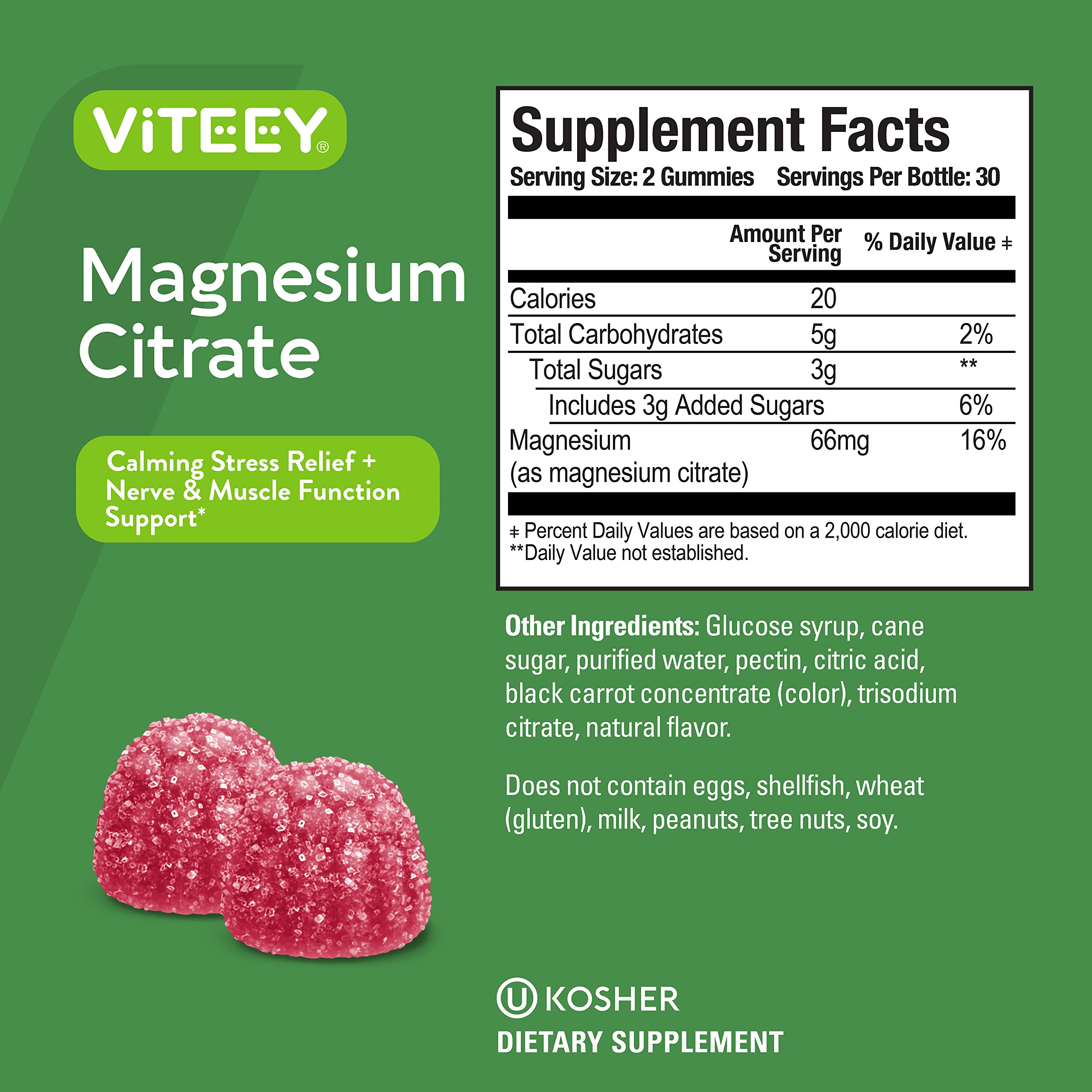 Magnesium Citrate Gummies for Adults & Teens - 66mg, Supports Calm Mood, Optimal Relaxation, Muscle Function - Vegetarian, Gelatin Free, GMO Free - Tasty Chewable Raspberry Flavored Gummy