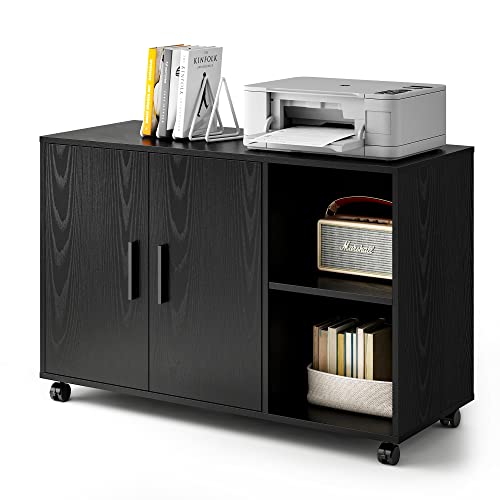 DEVAISE Rolling File Cabinet, Wood Storage Cabinet with Dual Doors, Large Printer Stand on Lockable Wheels for Home Office, Black