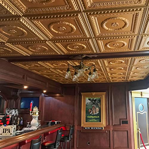 From Plain To Beautiful In Hours 210 Laurel Wreath PVC 2' x 2' Lay-in or Glue-up Ceiling Tile, Pack of 10, Antique Brass, 10 Piece