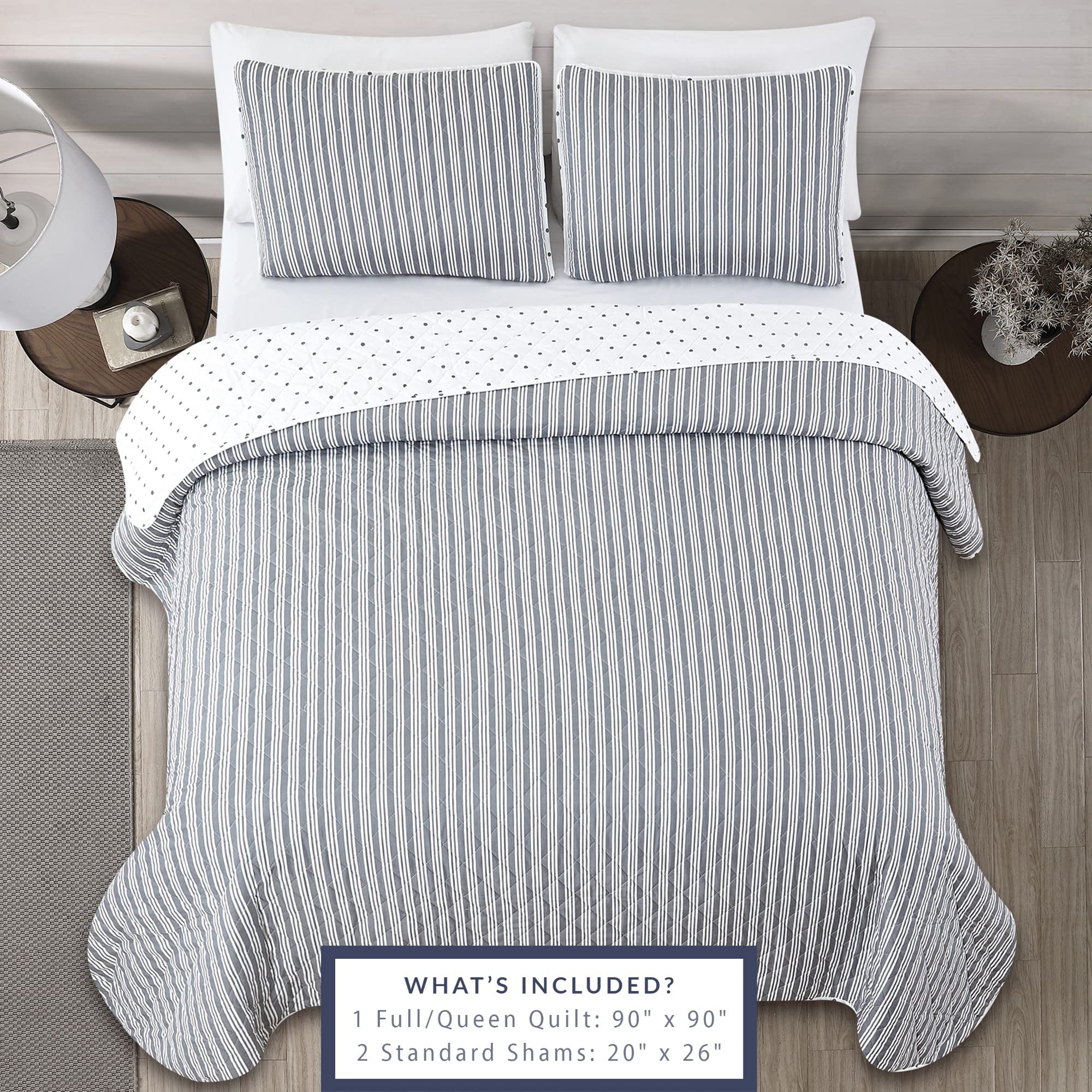 Market & Place 3 Piece Reversible Quilt Set with Shams | All-Season Soft & Lightweight Bedspread with Modern Striped Pattern | Nora Collection (Full/Queen, White/Grey)