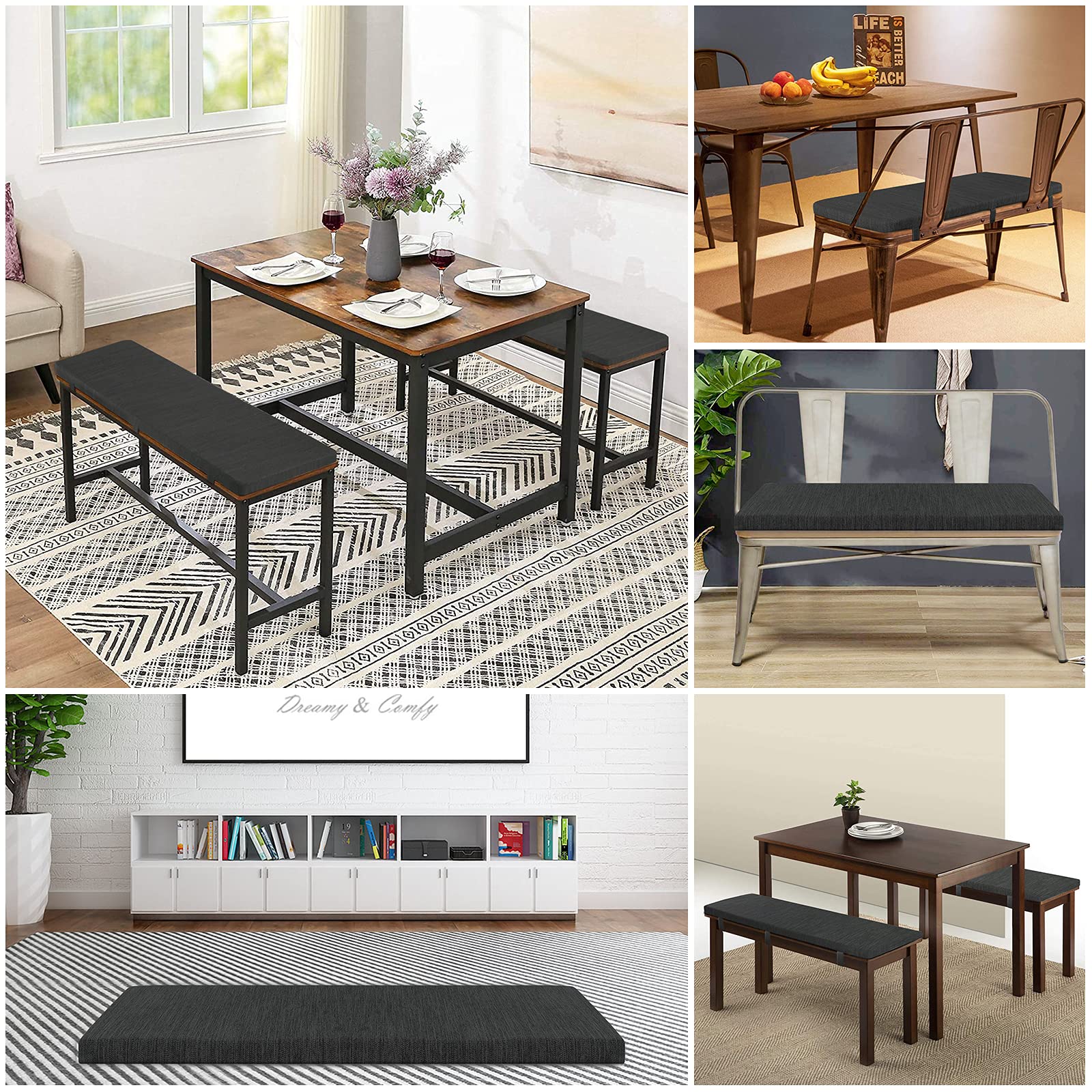 baibu 36 Inch Metal Bench Cushion with Ties, Non-Slip Rectangle Bench Seat Cushion Kitchen Bench Cushion with Machine Washable Cover - One Pad Only (Black, 36x15x1.5in)