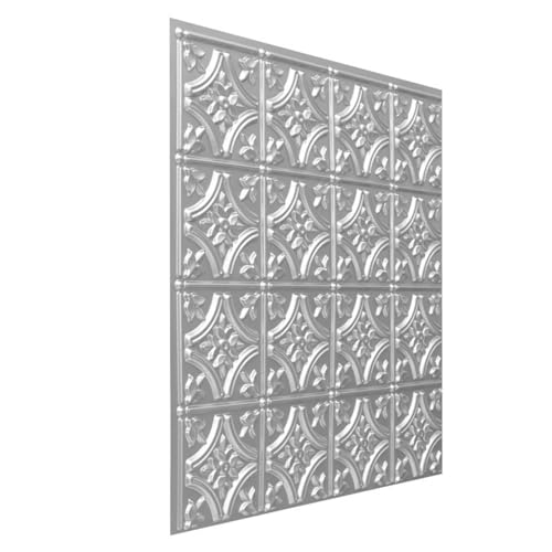 From Plain To Beautiful In Hours 150 Gothic Reims PVC 2' x 2' Glue-up Ceiling Tile (Covers / 40 sq.ft), Silver, 10 Piece