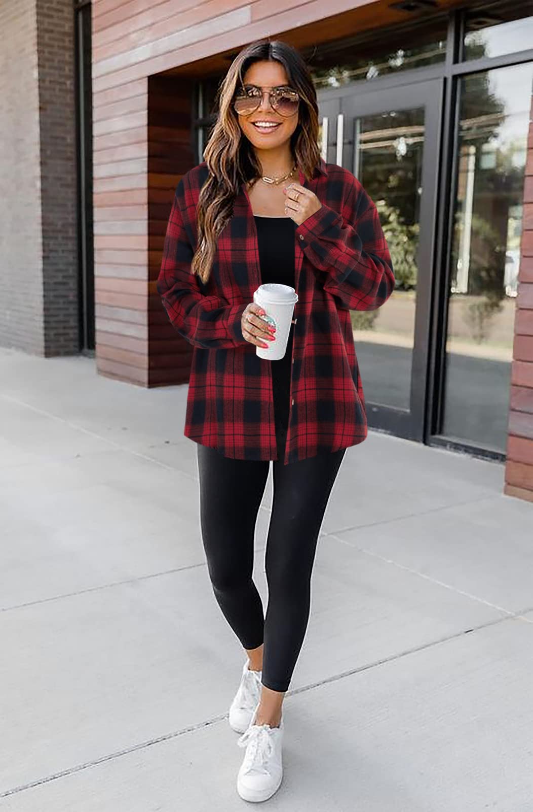 Wenrine Womens Long Sleeve Button Down Shirt Casual Plaid Flannel Shirt Collared Blouse Tops