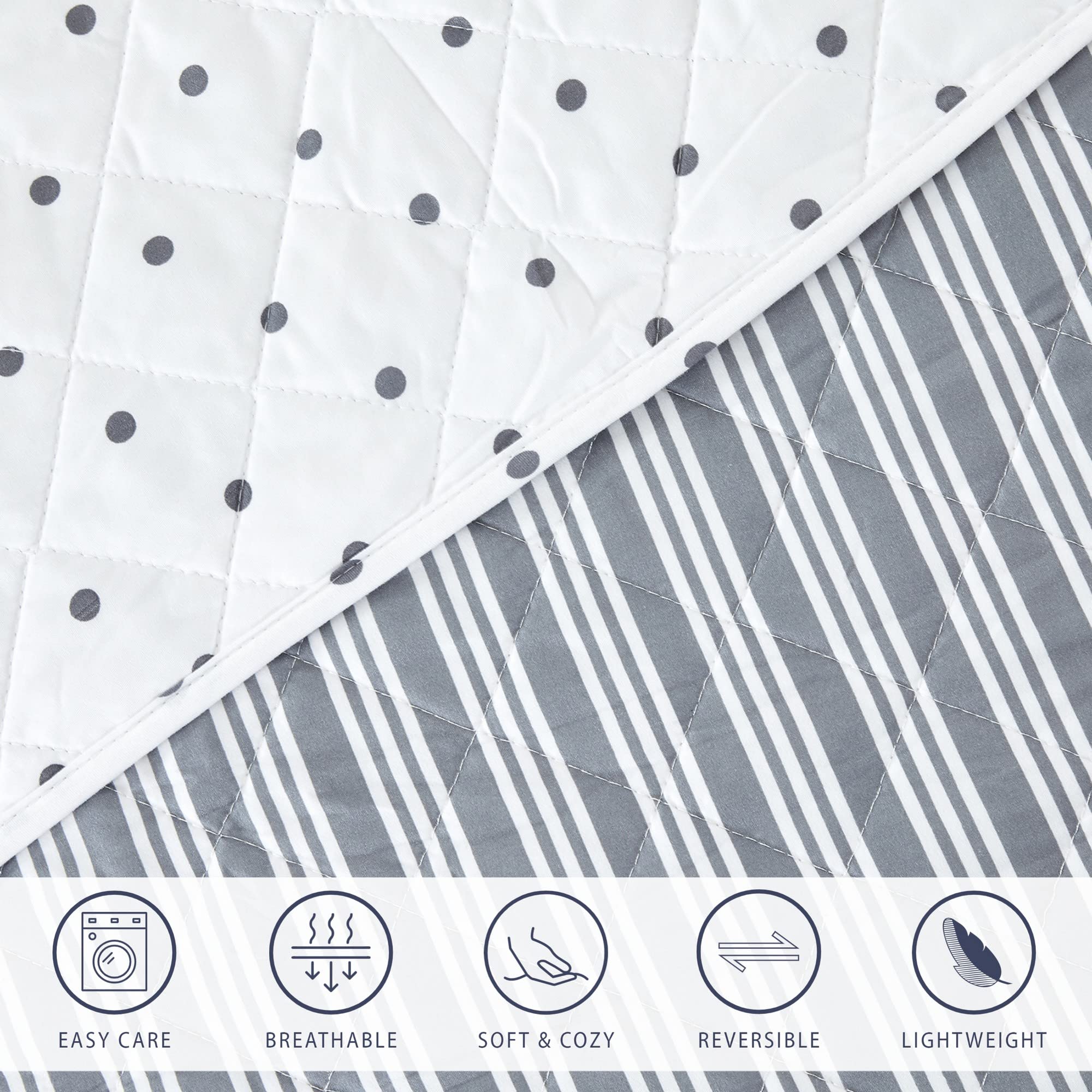 Market & Place 3 Piece Reversible Quilt Set with Shams | All-Season Soft & Lightweight Bedspread with Modern Striped Pattern | Nora Collection (Full/Queen, White/Grey)