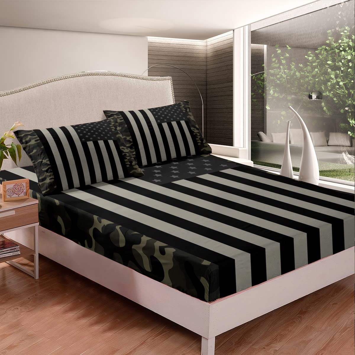 American Flag Bed Sheets Camouflage Military Bedding Set Twin,Army Green Camo United States Flag Fitted Sheet For Kids Boys Teens Men Room Decor,Vintage Black Grey Patriotic Bedding 1 Pillow Case