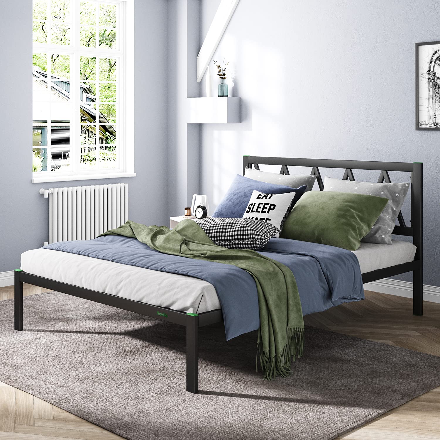 Novilla 14 Inch Queen Bed Frame with Headboard, Platform Bed Frame No Box Spring Needed, Metal Queen Size Bed Frame with Storage Space, Wooden Slats Support, Easy Assembly, Black