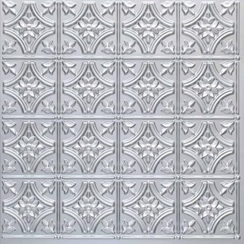 From Plain To Beautiful In Hours 150 Gothic Reims PVC 2' x 2' Glue-up Ceiling Tile (Covers / 40 sq.ft), Silver, 10 Piece