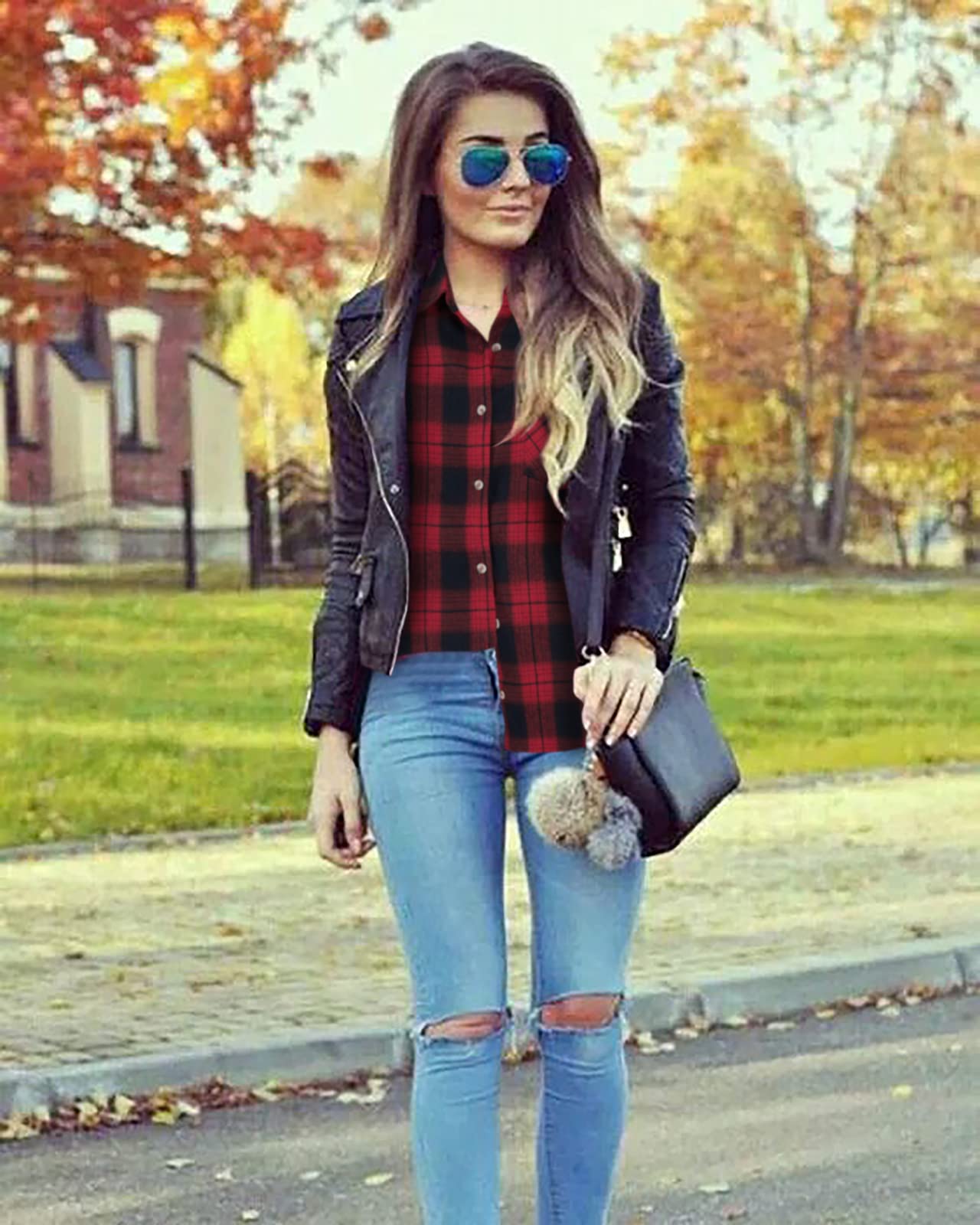 Wenrine Womens Long Sleeve Button Down Shirt Casual Plaid Flannel Shirt Collared Blouse Tops
